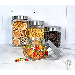 4pc Square Glass Cookie Jars with Airtight Lids + Marker & Labels, Canister Sets for Kitchen Counter or Bathroom - Food Storage Containers with Lids for Pantry - Flour, Sugar, Coffee, Cookies, etc.