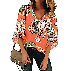 LookbookStore Women Floral Tops fpr Women 3/4 Sleeve Tops Blouse Trendy V Neck Floral Printed Going Out Tops Blouse 3/4 Bell Sleeve Loose Summer Top Shirt Salmon Size S Womens Tops Size 4 Size 6