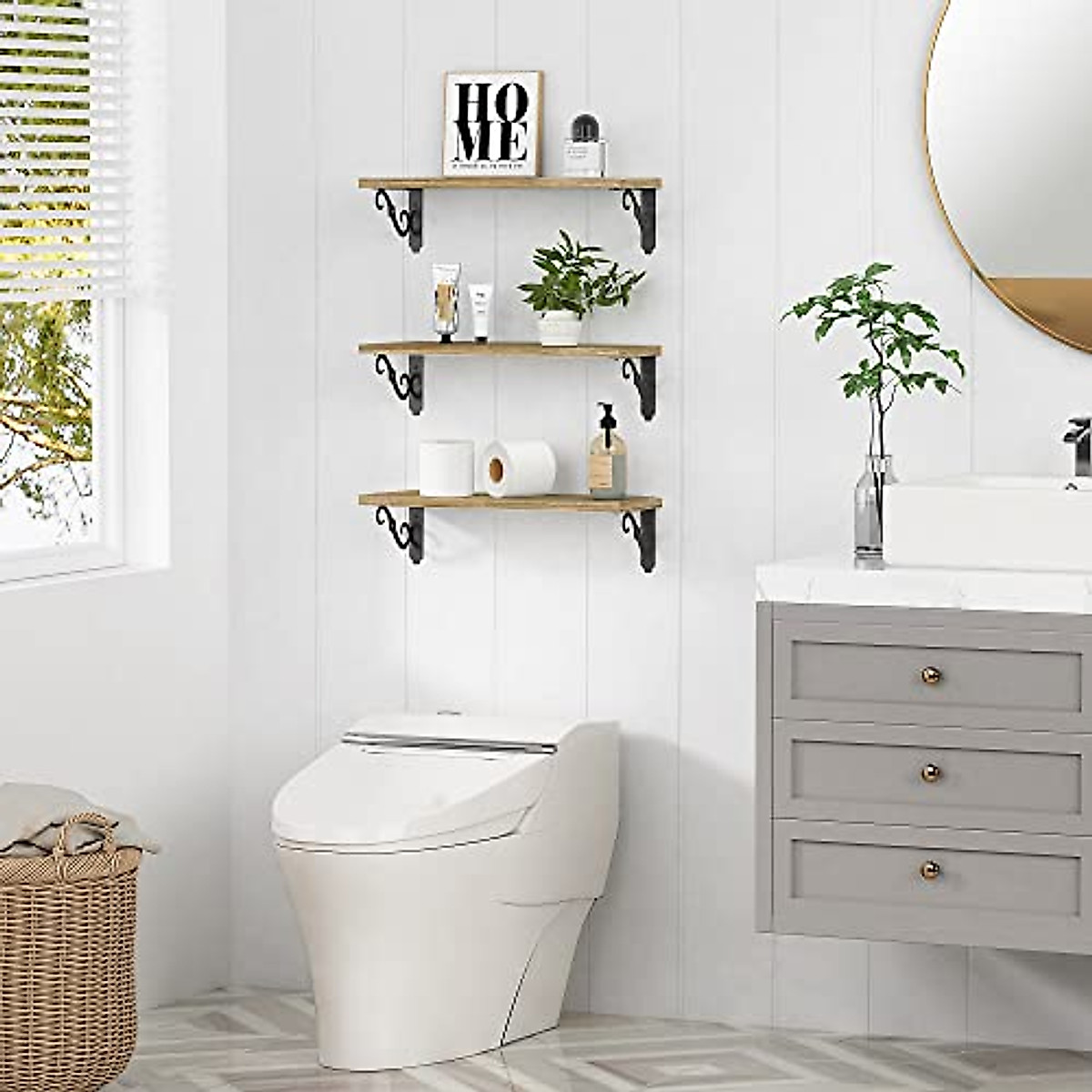 Goozii Floating Shelves Wood for Wall Set of 4, Floating Bathroom Shelves Over Toilet Wall Mounted, Decorative Shelves for Bedroom Books, Living Room Decor, Closet Storage (Natural Wood)