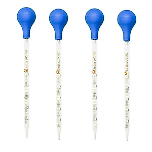 HIBATUL INC 4 Pack (5ml) Glass Graduated Dropper Pipettes Lab Dropper with Blue Rubber Cap and Scale