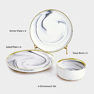 Pokini Dinnerware Sets, Marble Gold Line Plates and Bowls Sets Stoneware Dishes Set For 4, 12 Piece White Grey Marble Porcelain Round Dinner Dish Sets