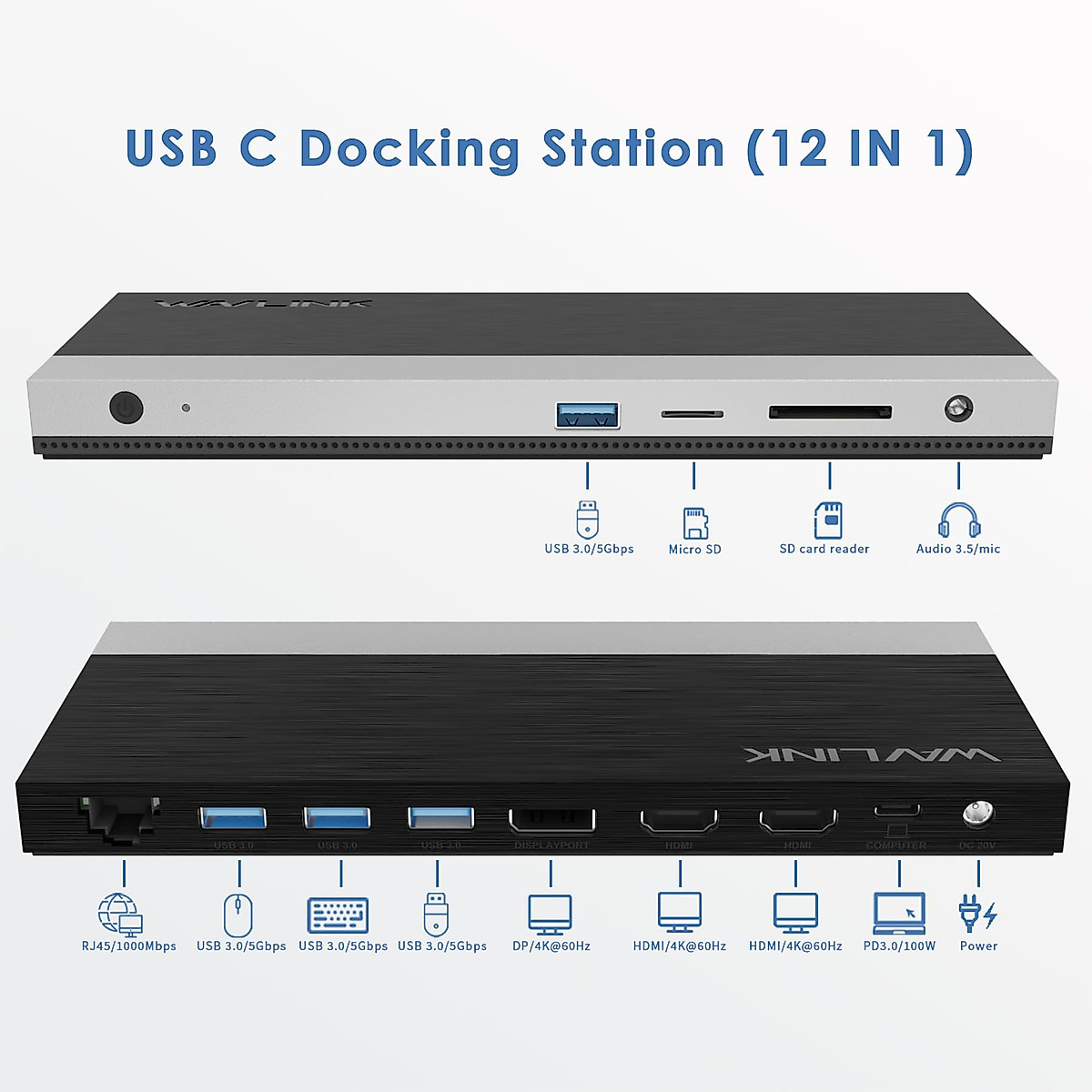 WAVLINK USB C Docking Station 4K Triple Display (2 HDMI + 1 Displayport) with 100W PC Charging, Gigabit Ethernet, 4 USB 3.0, SD/TF Card Slot, Audio, for Dell HP MacBook Lenovo and Other USB C Laptops