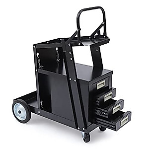 XUANIIIL Rolling Welding Cart with 4 Drawers Cabinet, Professional Welder Trolley with Wheels and Tank Storage, for TIG MIG Welder and Plasma Cutter, Heavy Duty Load Capacity 80kg Black