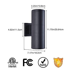 mirrea Modern Outdoor Porch Light Patio Light in 2 Lights with Aluminum Cylinder and Tempered Glass Cover Waterproof Wall Sconce 2 Pack (Matte Black)