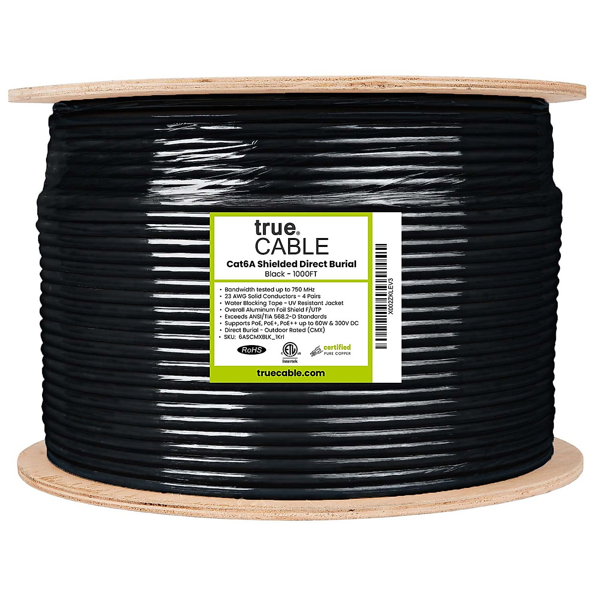 trueCABLE Cat6A Direct Burial, Shielded FTP, 1000ft, Waterproof, Outdoor Rated CMX, Black, 23AWG Solid Bare Copper, 750MHz, PoE++ (4PPoE), ETL Listed, Bulk Ethernet Cable