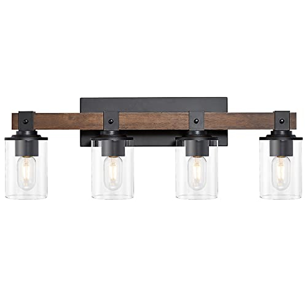 Farmhouse Rustic Bathroom Lighting Fixtures Over Mirror, Vintage Wood Vanity Lighting with Clear Glass, 4-Light Modern Industrial Wall Lamp for Bedroom,Living Room,Hallway