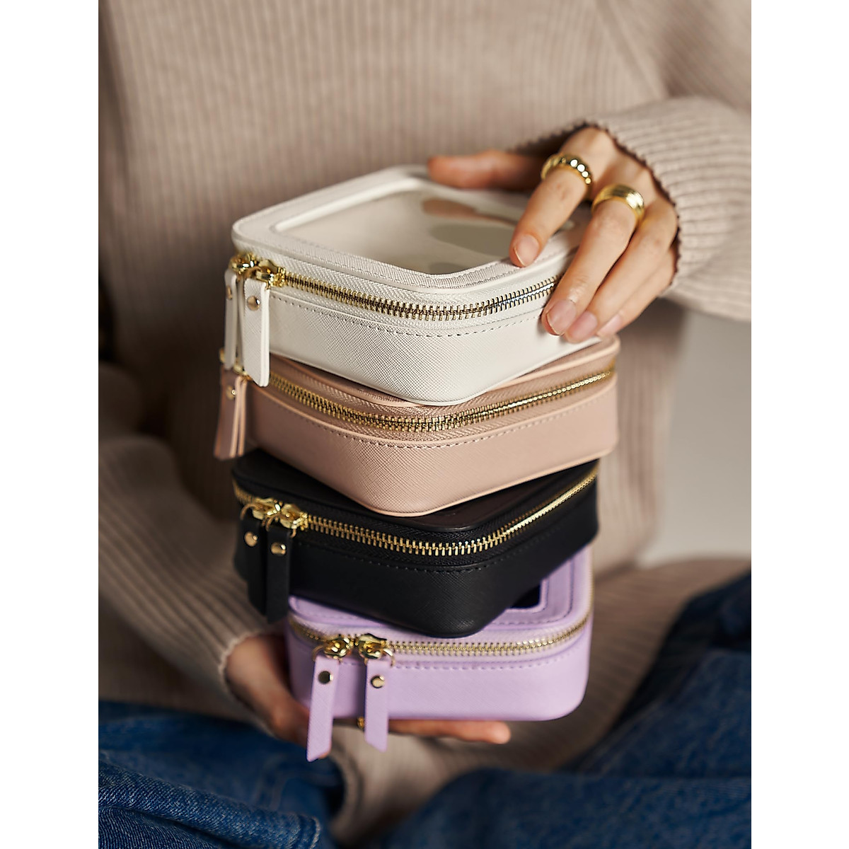 Small Makeup Bag for Purse Mini Cosmetic Bag Clear Pink Square Pouch for School Cute Leather Make Up Case Travel Organizer for Backpack Tiny Toiletry Bag with Zipper for Car Essentials Women Girls