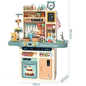 deAO My Happy Little Chef Kitchen 80 Pieces Pretend Play Set with Multi-functional Button Panel, Light, Sound, Real Steam Functions and Colour Changing Accessories Included(Blue)