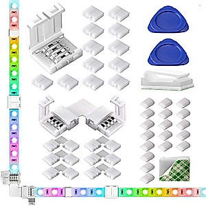 LED Strip Light Connectors 40Packs, 10mm Unwired 4 Pin 5050 RGB LED Light Strips Connectors kit,12 Gapless Connectors, 6 Corner Connectors for Multicolor LED Strip 5V 12V 24V 20Wire Clips 2 Open Tool