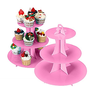 YLDW 3-Tier Cupcake Stand, Cake Stand Holder, Tiered DIY Cupcake Stand Tower for Dessert Table Displays, Birthday Theme Party Favors Decoration, Floral Tea Party, 12" W x 12.8" H, Pink