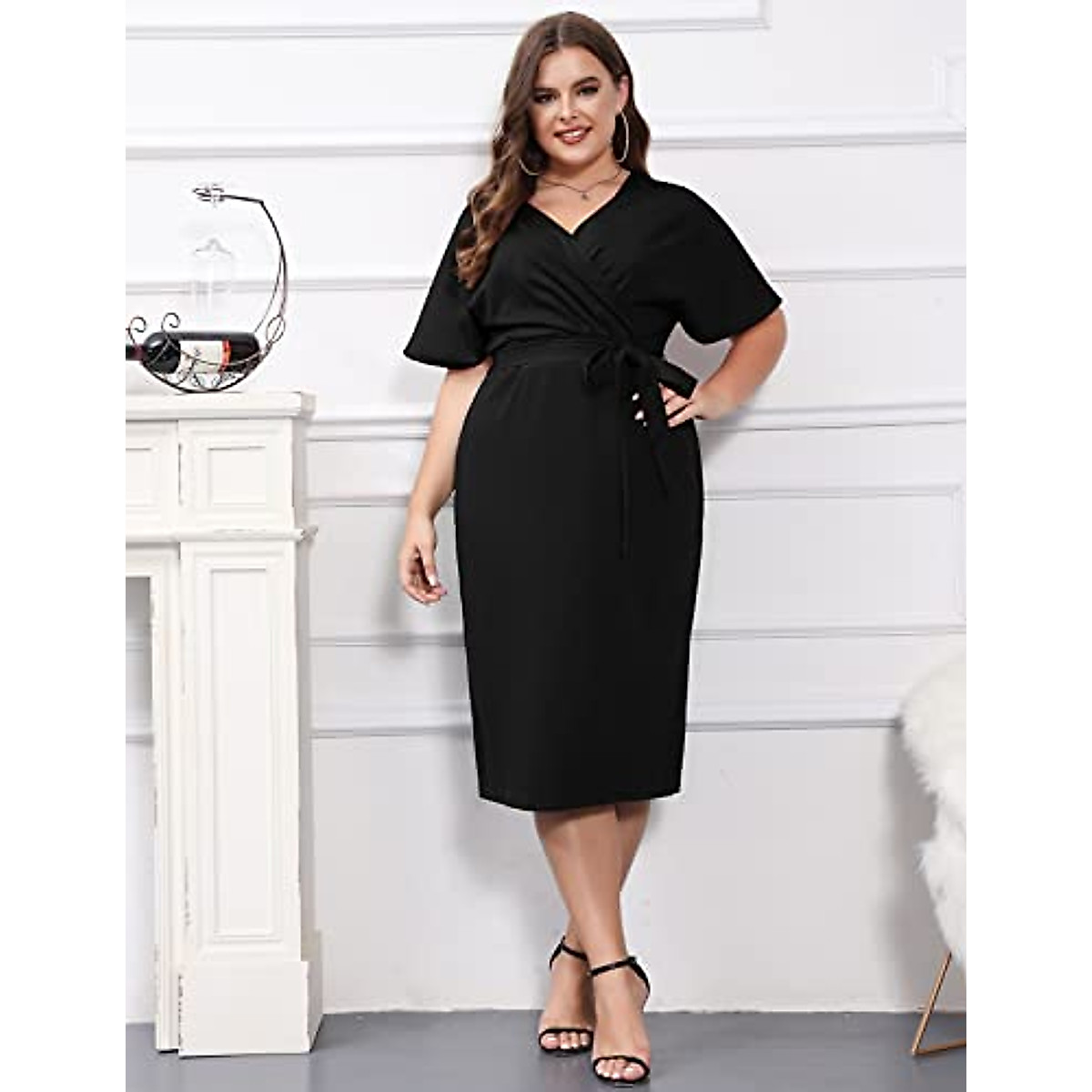 GRACE KARIN Wedding Guest Dresses for Women Elegant Wrap V Neck Ruched Work Business Bodycon Sheath Dress Black L