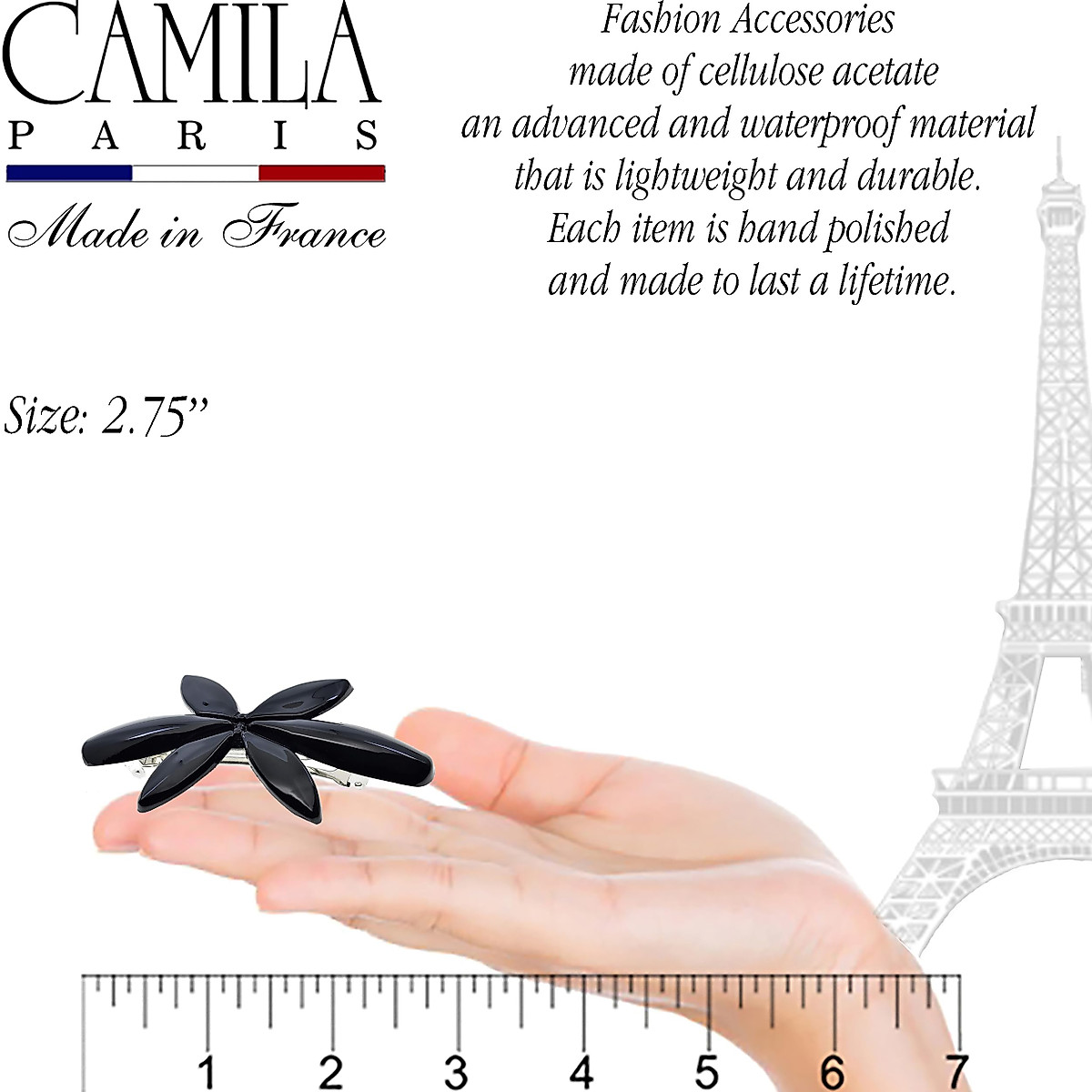 Camila Paris CP2875 French Hair Barrette Clip for Girls Flower, Black, Automatic Clasp Strong Hold Grip Hair Clips for Women, No Slip and Durable Styling Girls Hair Accessories, Made in France