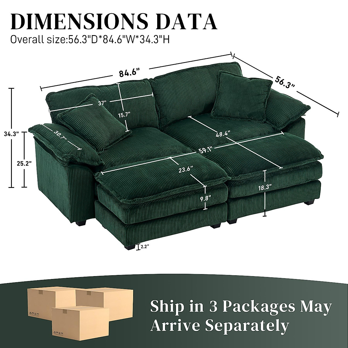ONEMMLION 84.6" Modular Sectional Sofa Oversized Loveseat, Modern Upholstered Cloud Couch with 2 Ottoman, Comfy Corduroy Deep Seat Sleeper Sofa for Living Room, Small Space, Green