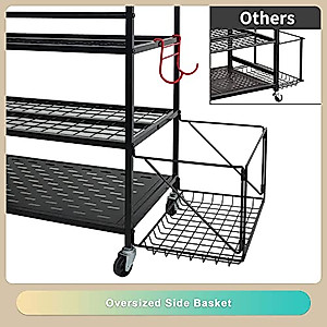 FLIORS Black 4-Tier Storage Shelving Unit with Whelss, Home Gym Storage Rack, Home Gym Workout Equipment Storage Rack, Workout Storage with Wheels and Hooks, Heavy Duty Storage Shelving