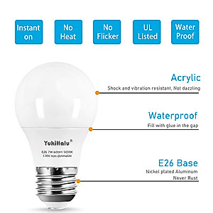 YukiHalu, A15 Appliance Light Bulb, 60W Equivalent for Range Hood/Refrigerator Light Bulb/Ceiling Fan Light, 600 Lumens 7W 120V 5000K Daylight E26 Base, Waterproof, Not Dim