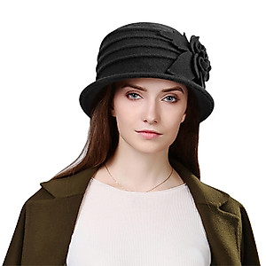 Sumolux Women Beret Hat French Vintage Floral Wool Dress Cloche Classic Winter Hat 1920s A Black