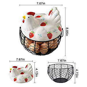 ANXVERS Creative Ceramic Egg Basket, Metal Net Basket, Egg Storage Basket, Chicken Top with White Ceramic Strawberry Pattern and Metal Handle, Fruit and Potato Storage Basket, Kitchen Decoration
