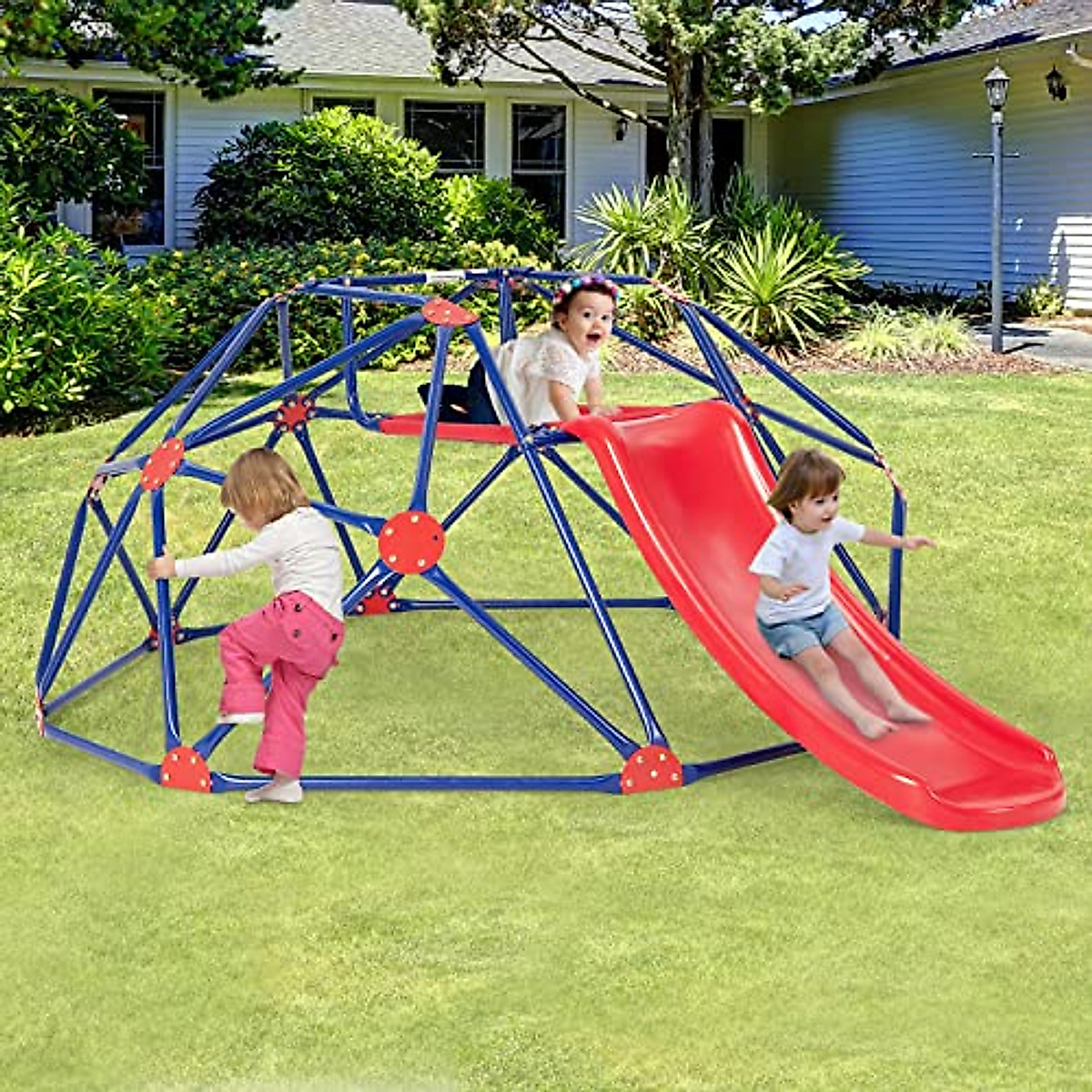 OLAKIDS Climbing Dome with Slide, Kids Outdoor Jungle Gym Geodesic Climber, Steel Frame, 8FT Climb Structure Backyard Playground Center Equipment for Toddlers 3-8