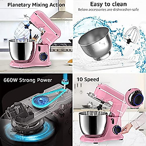 AILESSOM 3-IN-1 Electric Stand Mixer, 660W 10-Speed With Pulse Button, Attachments include 6.5QT Bowl, Dough Hook, Beater, Whisk for Most Home Cooks, Sakura Pink