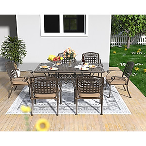 TITIMO Cast Aluminum Patio Dining Set 7-Piece with Cast-Top Table and Chairs with Cushions,Outdoor Furniture Set for Backyard Porch Pool (6 Love Chairs+Rect Table+Khaki Cushions)