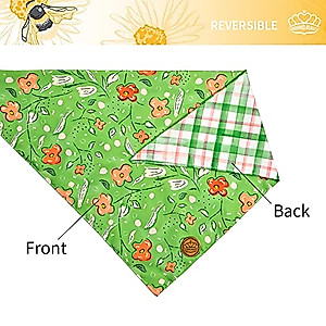 CROWNED BEAUTY Spring Dog Bandanas Reversible Large 2 Pack, Flower Plants Set, Plaid Stripes Adjustable Triangle Holiday Scarves for Medium Large Extra Large Dogs Pets DB41-L