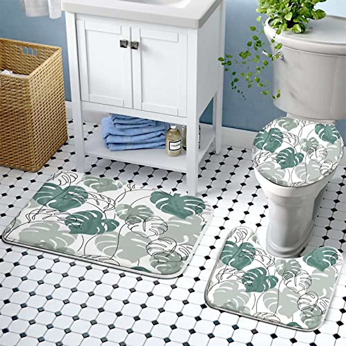 KINUUIS 4PC Summer Bathroom Shower Curtain Sets Abstract Modern Bathroom Sets,Watercolor Bathroom Sets with Rugs and Accessories,Line Art Shower Curtain for Bathroom Decoration