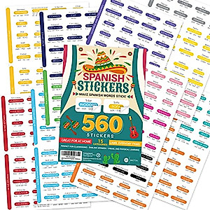 535 Spanish/English Vocabulary Word Sticker Labels – Educational Language Learning Resource for Memory & Sight – Fun for Around The House Game Play - Kids, Grade School, Classroom or Homeschool