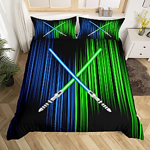 Feelyou Lightsaber Bedding Duvet Cover Set Kids Ombre Blue Green Reversible Bedding Set Abstract Comforter Cover Set for Room Decor Modern Striped Art Bedspread Cover Full Size with 1 Pillow Case