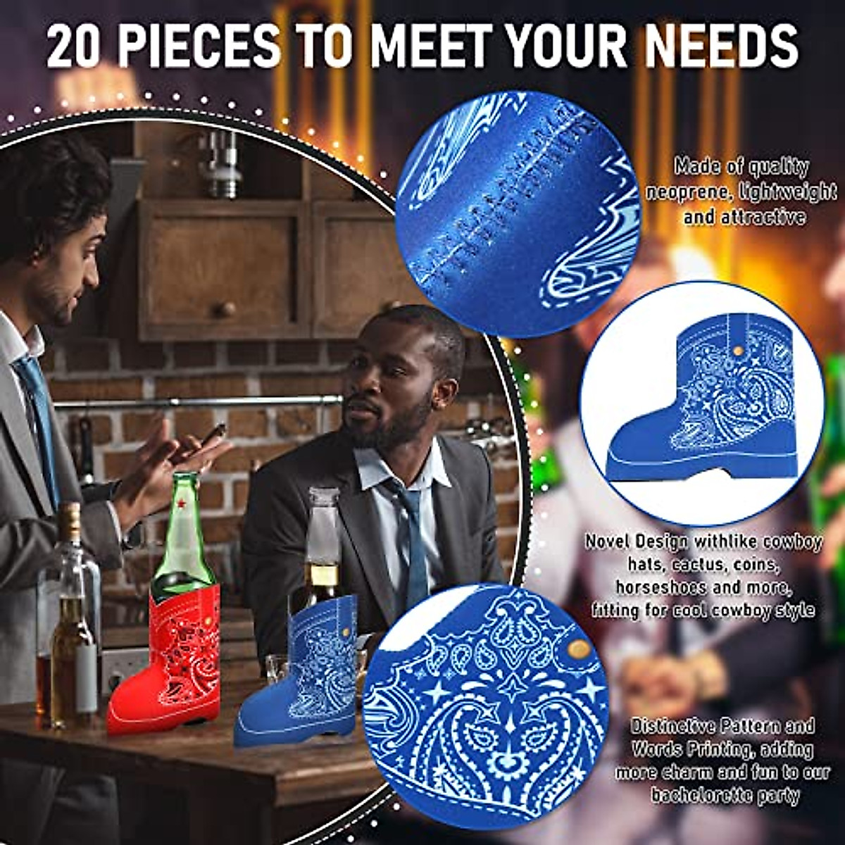 20 Pcs Cowboy Boot Skinny Can Sleeves Bachelorette Party Decorations Cowboy Slim Beverage Sleeves Party Shower Drink Holder Insulated Can Cover Neoprene Beer Bottle Sleeve for Cowboy Party Favors