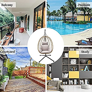 VARVIND Hammock Chair,Swing Egg Chiar with Stand and Cushions, Pillow, Foldable Wicker Rattan Hanging Egg Chair,Adjustable Height ,Anti-UV&Waterproof, Indoor and Outdoor Use,286Lbs(Beige)