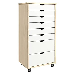 Adeptus Original Roll Cart, Solid Wood, 6+2 Drawer Extra Wide Drawers Roll Carts, White