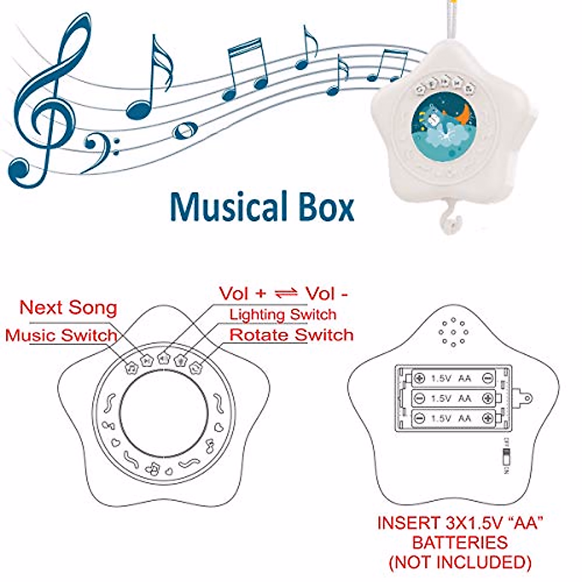 Baby Crib Mobile with Projrctor and Relaxing Music, Hanging Rotating Animals Rattles Nursery Gift Toy for Newborn 0-24 Months Boys and Girls Sleep(Blue)