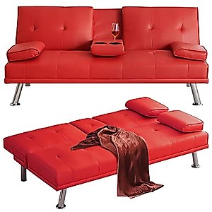 Futon Sofa Bed, Multifunctional Foldable Recliner Faux Leather Sleeper Sofa w/ 2 Cup Holders, Loveseat Daybed Guest Bed for Compact Living Spaces, Apartments, Dorms, w/Removable Armrests,Red