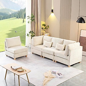 126"Modern Modular Sectional Sofa,L-Shaped Corduroy Fabric Modular Sofa with Movable Ottoman and Pillows,4 Seater Convertible Sleeper Sectional Couches for Small Living Room (Beige, 126"L-4 Seater)