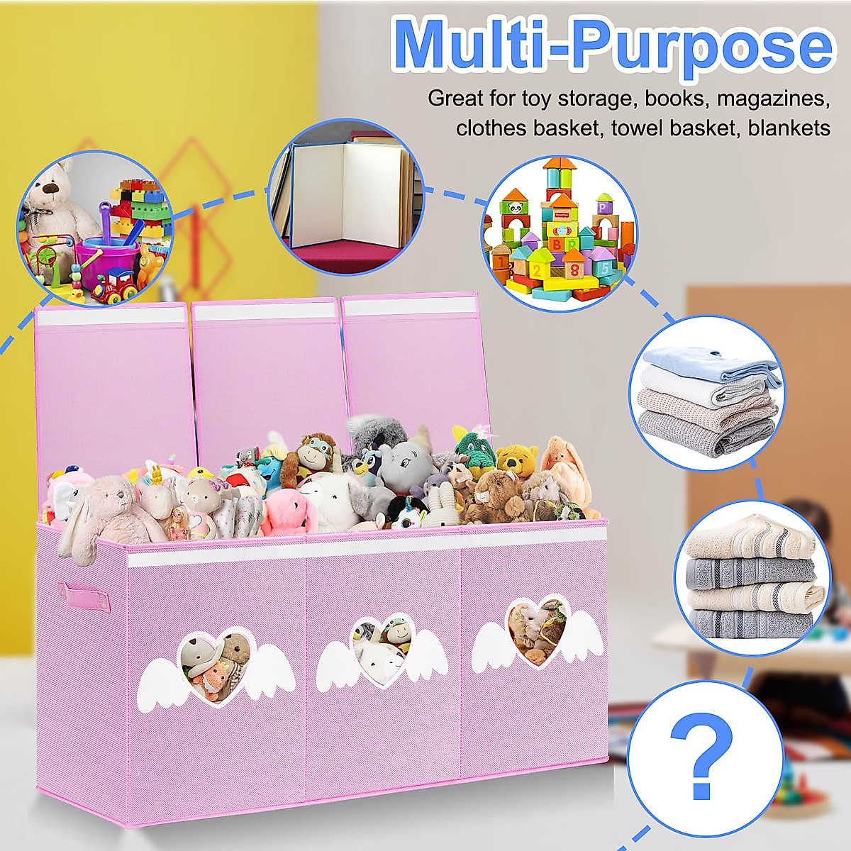 Xmasorme Extra Large Toy Box Chest, Toy Storage Organizer Bins with Transparent Windows, Foldable Storage Box for Kids,Boys,Girls,Toddler,Nursery Room,Playroom(Pink Heart)