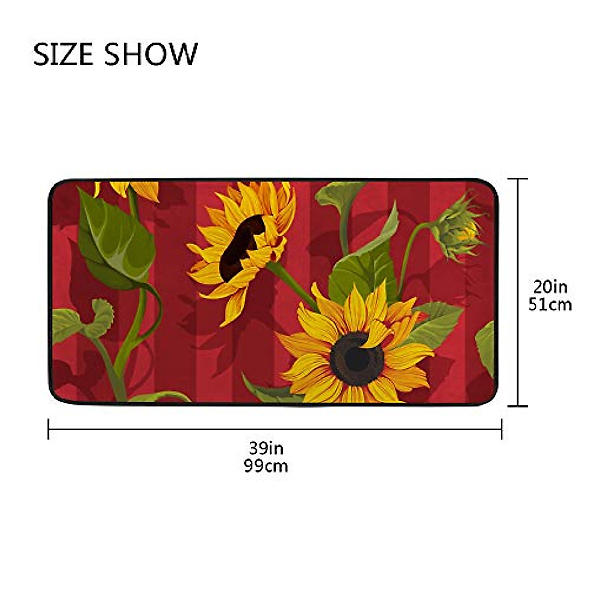 Kuizee Kitchen Rug Kitchen Mat Sunflower Floral Red Stripes Bathroom Rug Hallway Entry Rugs Non Slip Soft Water Absorbent 39×20 Inch