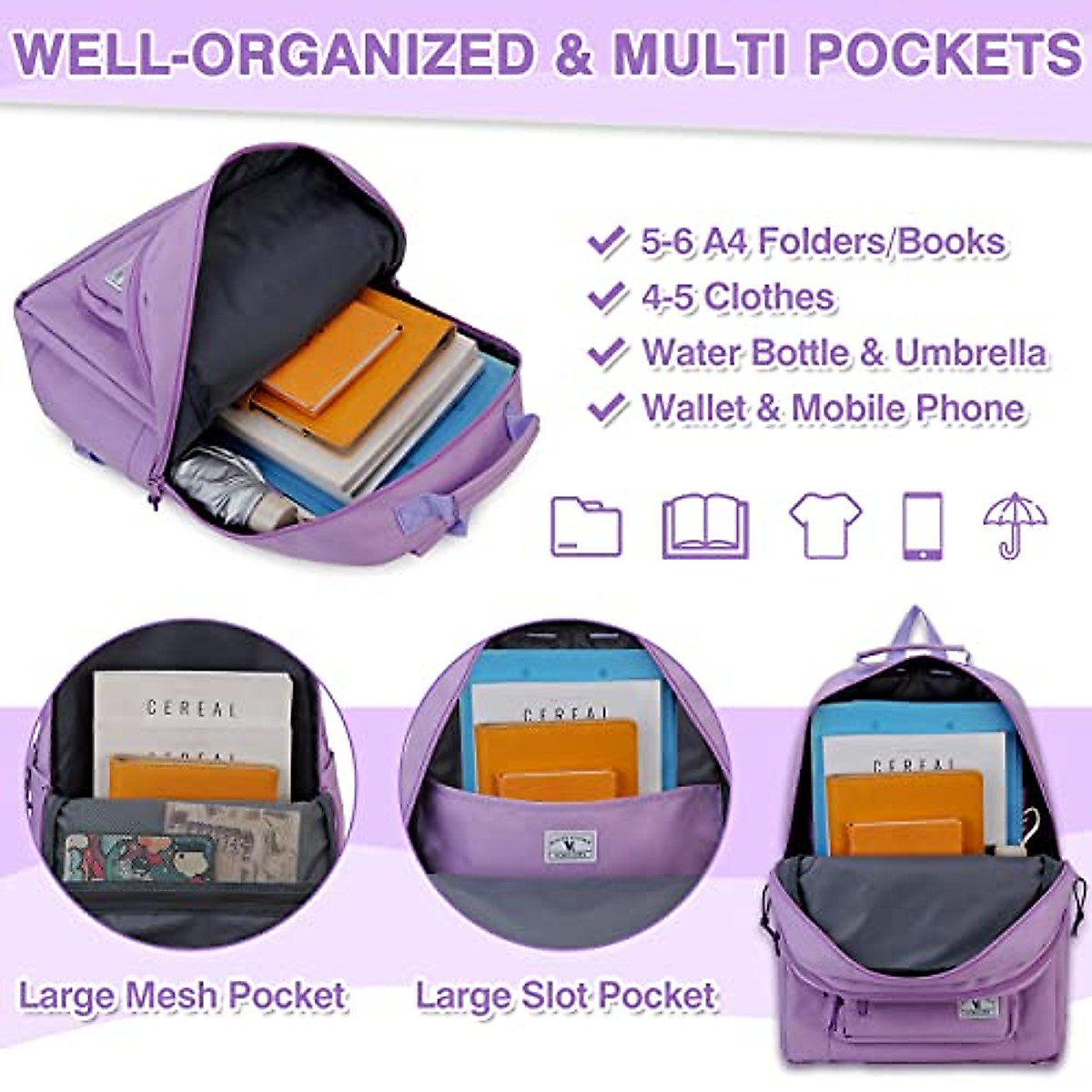 VX VONXURY School Backpack Water Resistant 15 Inch Boys Girls Bookbag Schoolbag Casual Daypack with Double Comparments