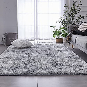 TABAYON 8 x 10 Feet Shag Area Rugs, Ultra Soft Indoor Modern Nursery Rug, Tie-Dyed Light Grey Plush Shaggy Throw Carpets for Boy and Girls Room Dorm Living Room