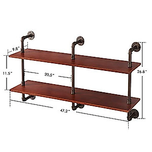 ivinta Industrial Pipe Shelves with Wood 2-Tiers, Rustic Wall Mount Shelf, Metal Hung Bracket Bookshelf, DIY Storage Shelving Floating Shelves