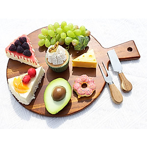 Round Acacia Wood Board Cutting Board with Knife Fork Handle, Wood Serving Board Round Cheese Board Charcuterie Board Cheese Paddle Board