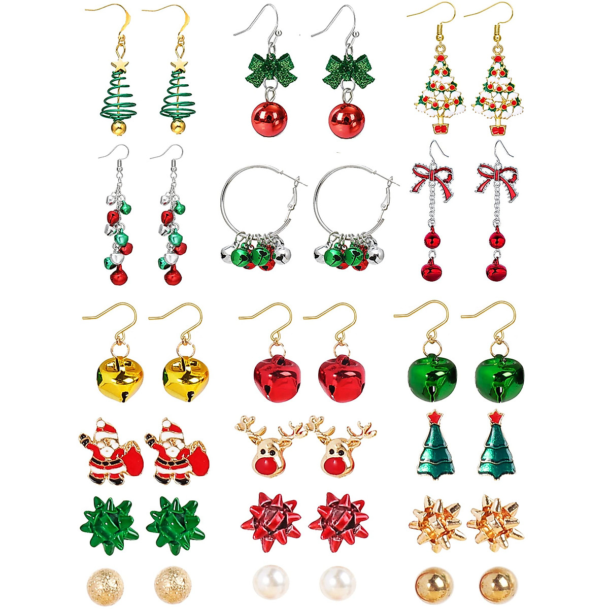 18 Pairs Christmas Earrings Bulk Cute Christmas Jingle Bell Santa Claus Pearl Tree Bow Earrings Xmas Jewelry Dangle Earrings Set for Women