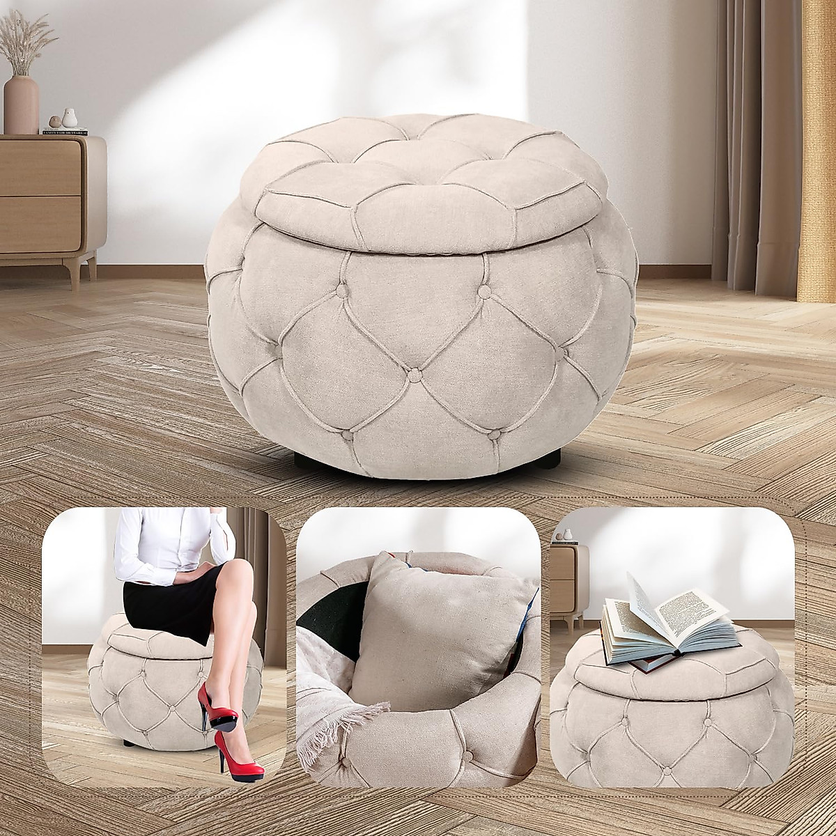 HAIZAO Round Burlap Storage Ottoman, Button Tufted Side Table with Lid, Coffee Table End Table Soft Chair Footrest Footstool for Living Room, Bedroom (Beige)