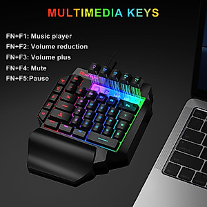 One Hand RGB Gaming Keyboard,USB Wired Rainbow Letters Glow Single Hand Keyboard with Wrist Rest Support Multimedia Keys, Backlit Ergonomic Mechanical Feeling Keyboard for Game