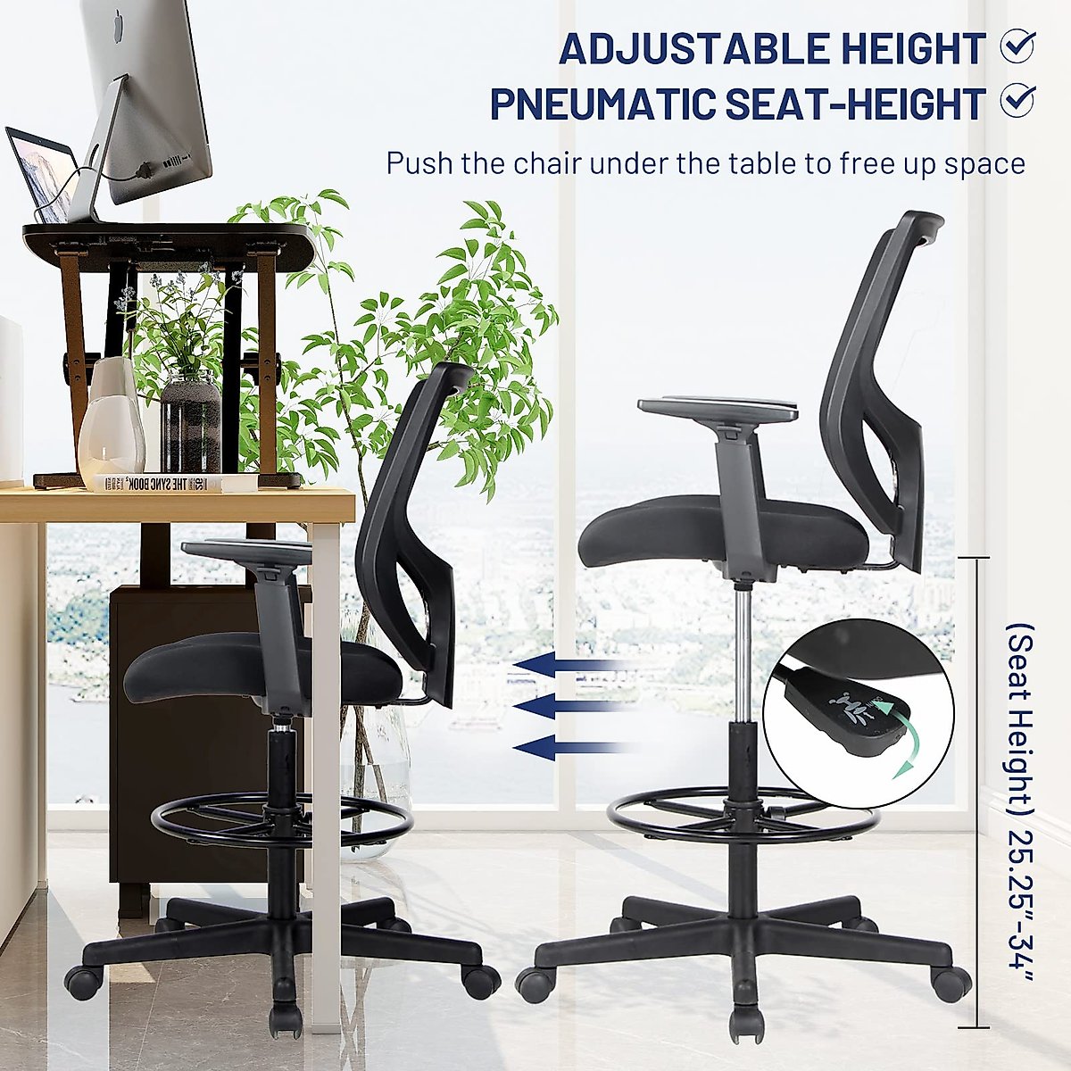 ZUNMOS Tall Office, Drafting High, Ergonomic Mesh Computer Task Table Chairs with Adjustable Armrests and Foot-Ring for Standing Bar Height Desk, Black