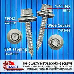 EAGLE 1 Metal Roofing Screws #10 - Painted Hex Head Self-Tapping Screws with EDPM Rubber Washer for Metal to Wood, Vinyl, Small Sheet Metal - Free Magnetic Driver (Zinc, 2 Inch, 500)