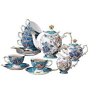 ACMLIFE Bone China Coffee Tea Sets, 21-Piece Porcelain Tea Cup Set, Tea Cup and Saucer Set Service for 6 with 34 Ounces Teapot,Sugar Bowl,Creamer Pitcher and Teaspoons, Christmas Gifts for Women