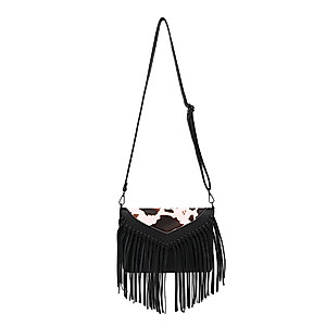 ZOVYRON Western Fringe Crossbody Purse, Boho Cow Print Bag Small Leather Fringe Purse Leopard Tassel Fringe Shoulder Bag for Women