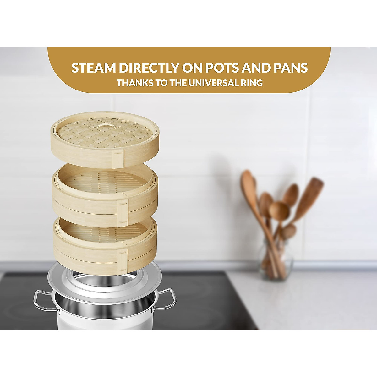 BELLA COOKS Bamboo Steamer for Cooking - Steamer Basket with a Ring - Fits every Pan & Pot - Dumpling Steamer - Incl. Extra Chopsticks & Silicone Liners