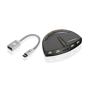 IOGEAR 4 Port USB 2.0 Switch - Auto Printer Switch - USB-A to USB-C Adapter Kit - Manually or Auto Control - LEDs Indicate - Plug N Play - GUB431CA1KIT