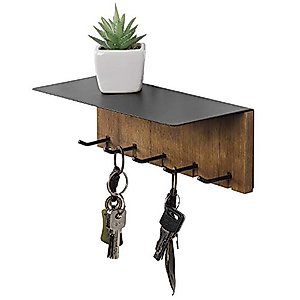 MyGift Entryway Shelf Rack with 5 Key Hooks, Wall-Mounted Burnt Solid Wood and Matte Black Decorative Shelf